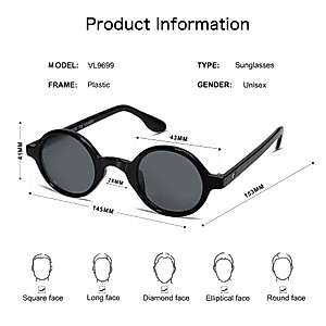 VANLINKER Round Polarized Sunglasses for Men Women Hippie Costume Sun Glasses 90s Circle VL9699 with Black Frame Grey Lens