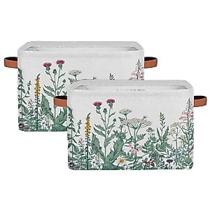 2Pack Herbs and Wild Flowers Large Collapsible Storage Bins,Colorful Floral Decorative Canvas Fabric Storage Boxes Organizer,Rectangular Shelves Baskets Box for Home Office Nursery Closet