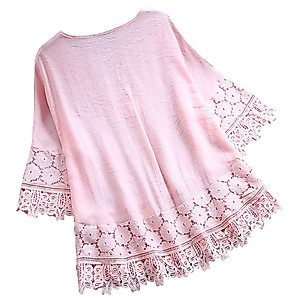 Aniywn Women Round Neck Lace Up Lace Patchwork Flare Pullover Top Casual Plus Size 3/4 Sleeve Floral Printed T-Shirt Pink
