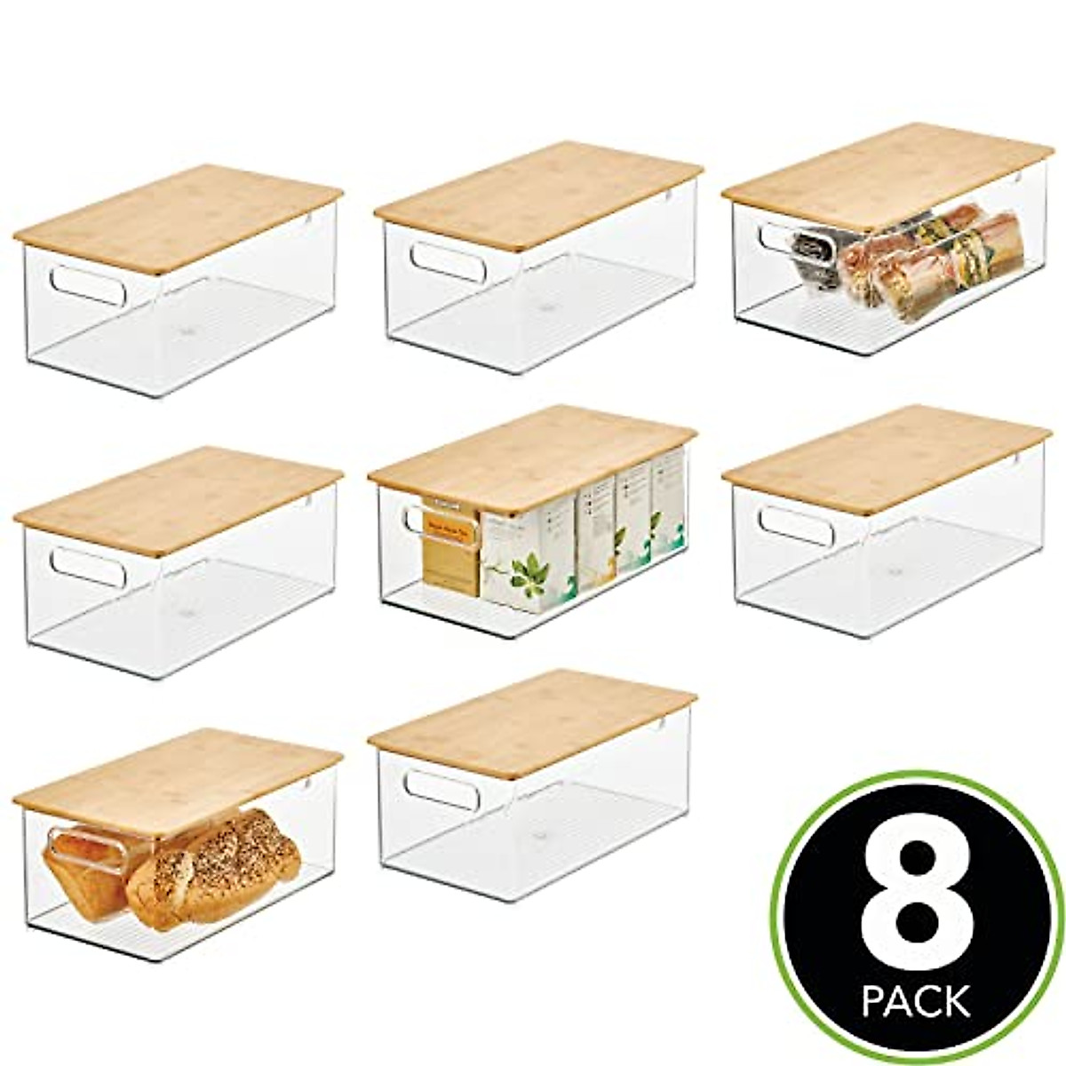 mDesign Plastic Stackable Storage Organizer Container Bin with Handles, Bamboo Wood Lid; for Kitchen, Pantry, Cabinet Organization; Holds Packaged Food, Snacks; Ligne Collection, 8 Pack, Clear/Natural