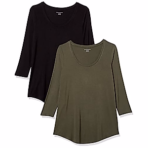 Amazon Essentials Women's 3/4 Sleeve Scoopneck Tunic, Pack of 2, Black/Olive, Large
