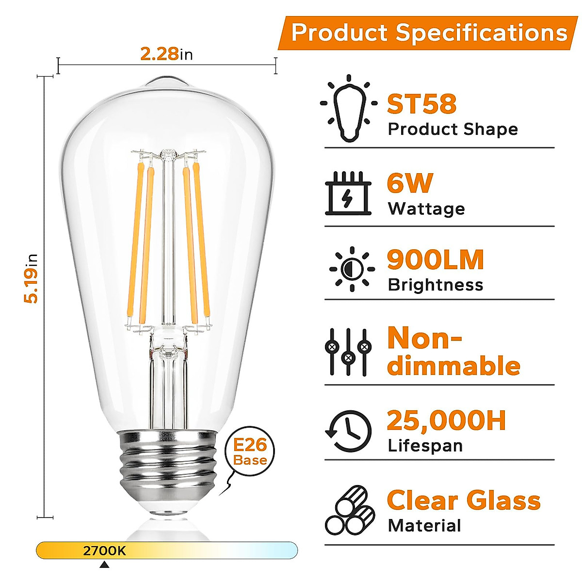 TOBUSA Vintage LED Edison Light Bulbs 60W Equivalent, 900LM Super Bright LED Bulbs, 6W ST58 Antique LED Filament Bulbs, 2700K Warm White, E26 Base Non-Dimmable Bulbs for Home, Office, 12-Pack