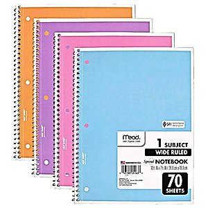 Mead Spiral Notebook, 4 Pack of 1-Subject Wide Ruled 70 Sheet Spiral Bound Notebooks, Pastel Colors, COLOR WILL VARY