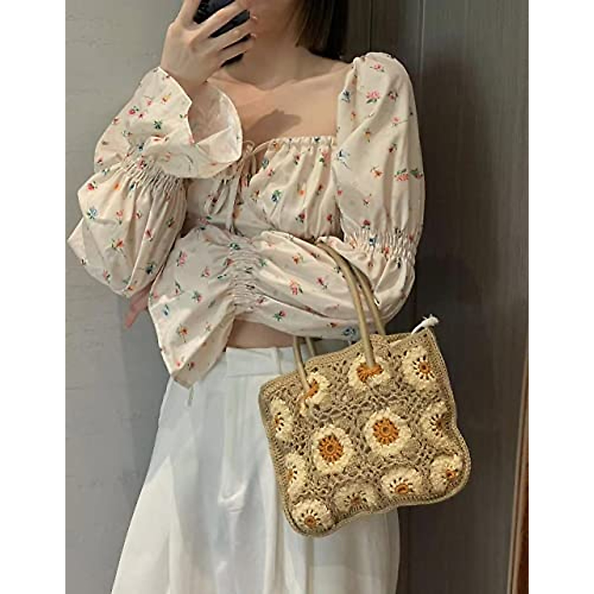ZYYMMNN Casual Cotton Woven Bags Women Crochet Flower Handbag Hollow Tote Bags Hand-Woven Summer Hand Bag Vacation Straw Bag