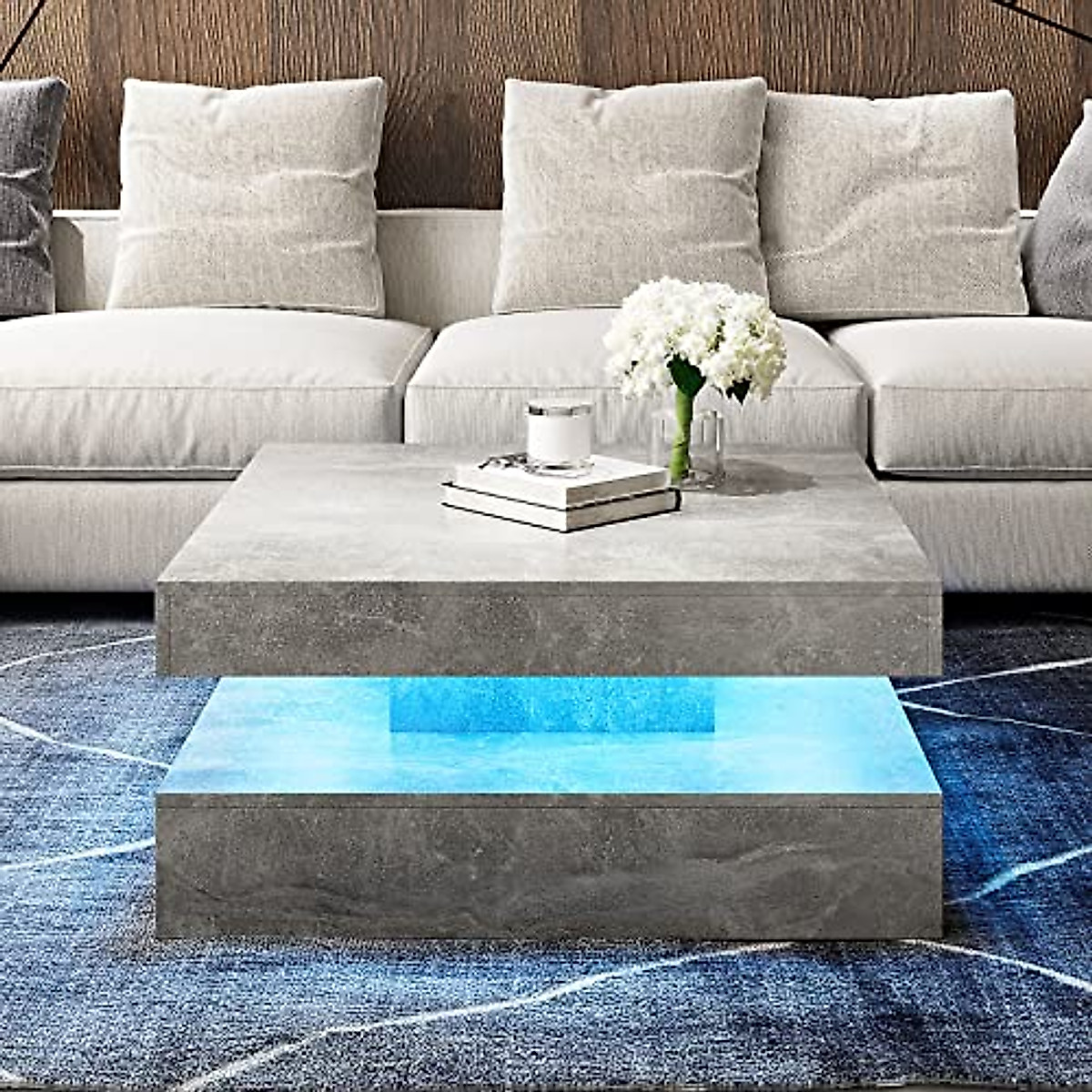 HedoAjim LED Coffee Table for Living Room, Living Room Table 2-Tier Square Middle Center Table, Modern Coffee Tables with Storage, Contemporary Wood Tea Tables for Dining Reception, Grey