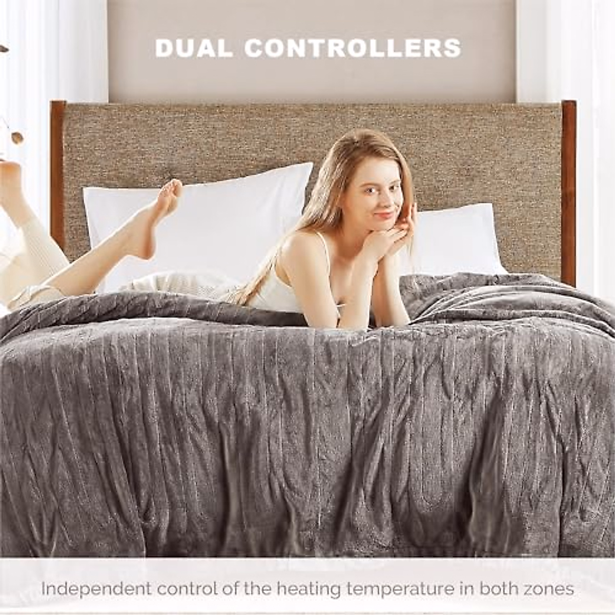 Degrees of Comfort California King Electric Blanket with Dual Controls, Large Fleece Heated Blanket for Bed,Auto Shut Off, Machine Washable -Grey, 100Wx94L