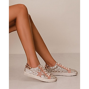 Mi.iM Skylar Rubber Sole Lace-up Glitter Suede Leather Star Sneakers (8, Light Gold)