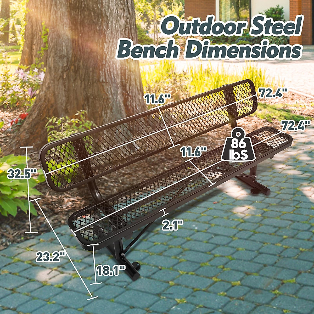 6FT/72'' Heavy Duty Park Bench with Back Portable Frame, Outdoor Metal Park Bench with Backrest, Steel Mesh Outdoor Bench for Garden, Lawn, Patio, Porch, Park, Yard, Black, 72.4" L x 23.2" W x 32.5" H