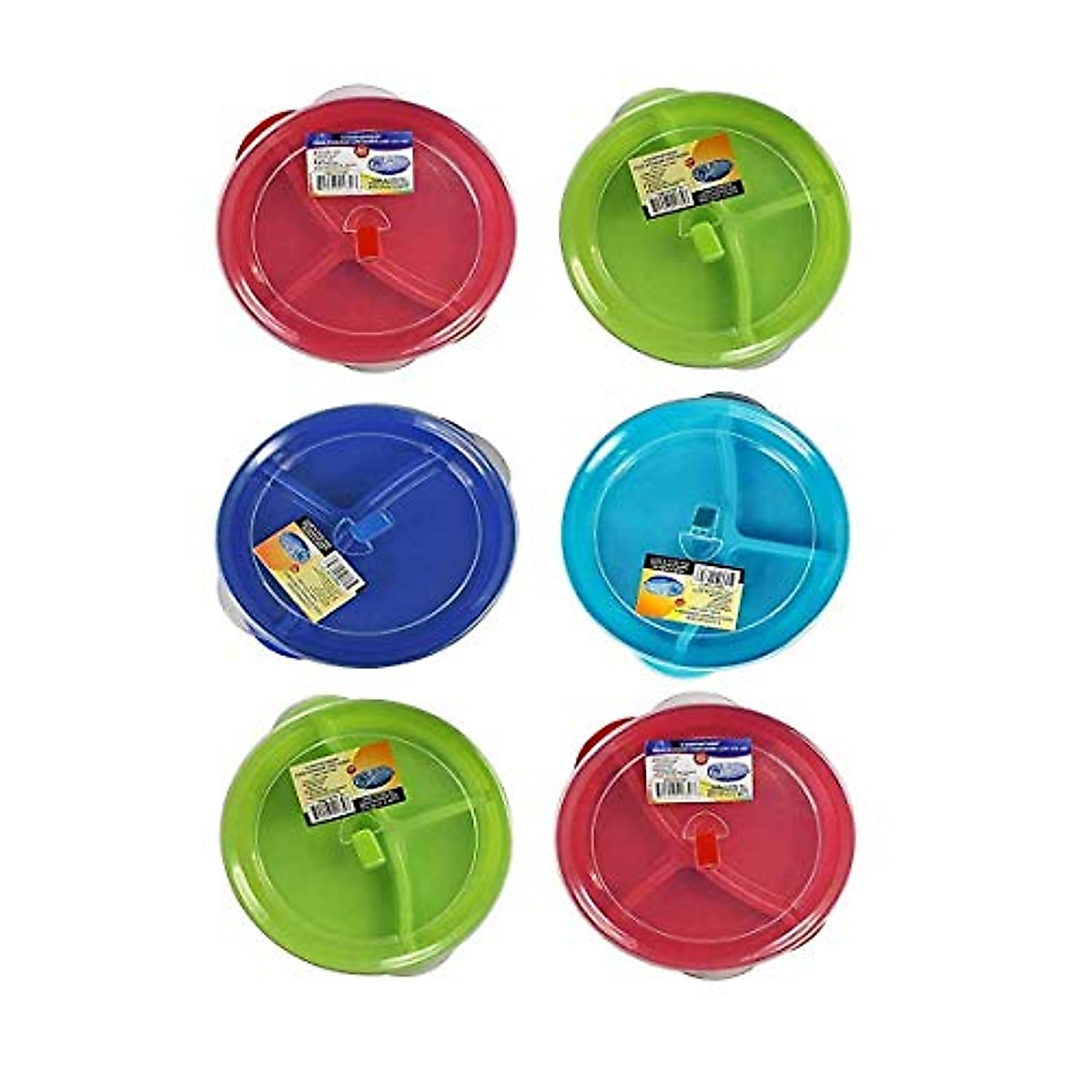 (Set of 6) Microwave Food Storage Tray Containers - 3 Section/Compartment Divided Plates w/Vented Lid (.1 Pack of 6)