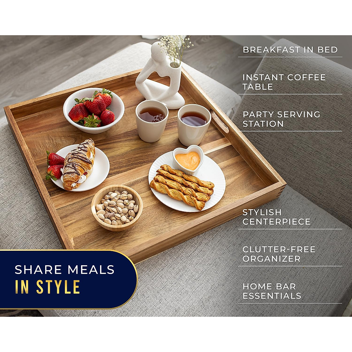 Extra Large (22") Square Premium Acacia Wood Ottoman Tray with Handles - Use for Serving Food in Style for Dinner, Breakfast, Snacks, BBQ, Entertaining Guests & More