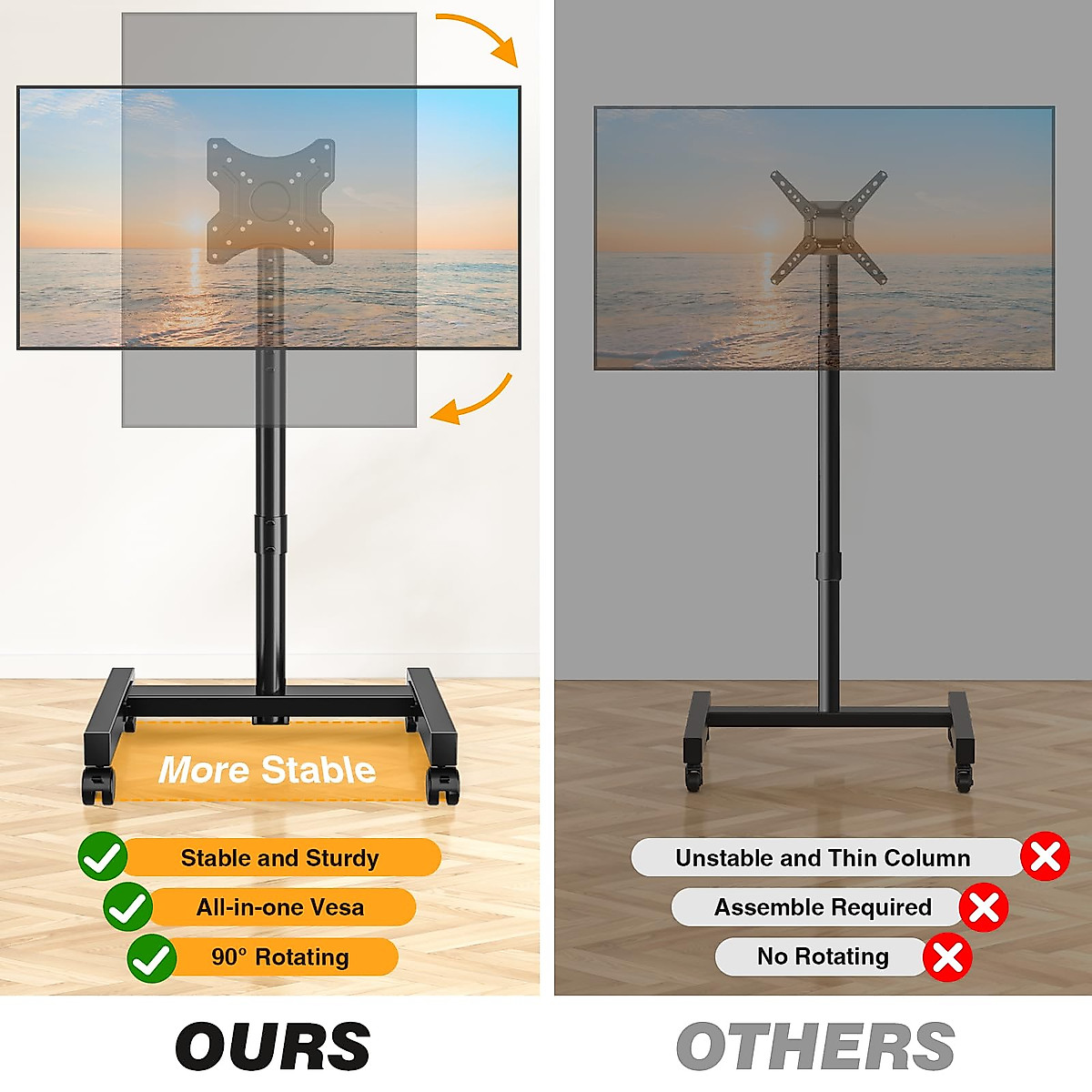 5Rcom Rolling TV Stand, Mobile TV Cart for 13-50 Inch Flat Curved TV with Tilting and Rotating, Portrait to Landscape, Height Adjustable Portable TV Stand with Wheels for Home/Office/Outdoor/Mall