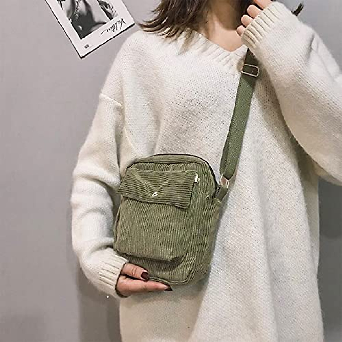 Corduroy Shoulder Tote Bag Women's Crossbody Shoulder Handbags Mini Canvas Handbag Ladies Casual Purse for Women Girl Outdoor Travel（Green）