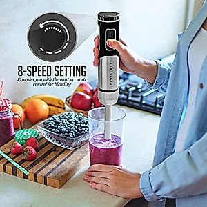 OVENTE Electric Cordless Immersion Hand Blender 200 Watt 8-Mixing Speed with Stainless Steel Blades, Heavy-Duty Portable & Rechargeable Perfect for Smoothies, Puree Baby Food & Soup, Black HR981B
