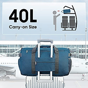 WANDF Foldable Duffel Bag 40L with Shoes Compartment, Overnight Weekender Travel Duffle for Men Women Water-proof & Tear Resistant (Blue)