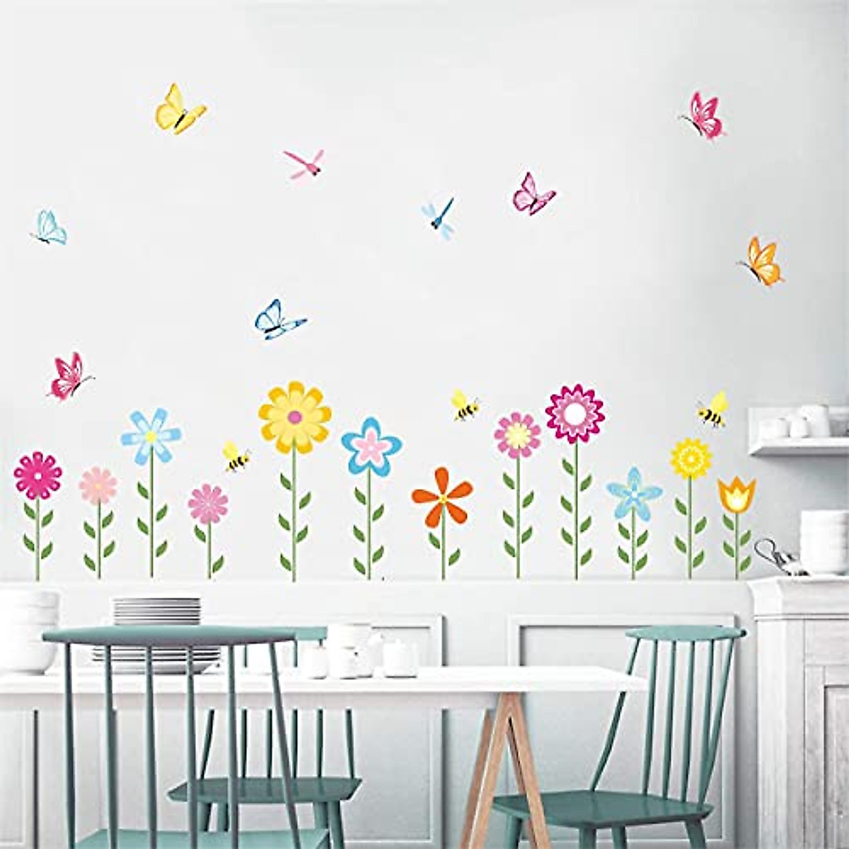 IKEYU Garden Flower Wall Decals Colorful Flower Wall Stickers Spring Garden Wall Stickers Flower Butterfly Wall Stickers for Bedroom Girls Room Kids Nursery