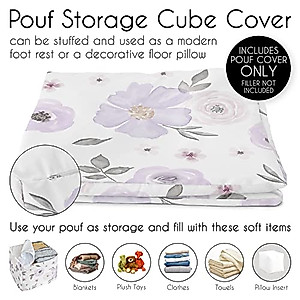 Sweet Jojo Designs Lavender Purple Boho Floral Girl Ottoman Pouf Cover Unstuffed Poof Floor Footstool Square Cube Pouffe Storage Baby Nursery Kids Room Grey Bohemian Farmhouse Shabby Chic Watercolor