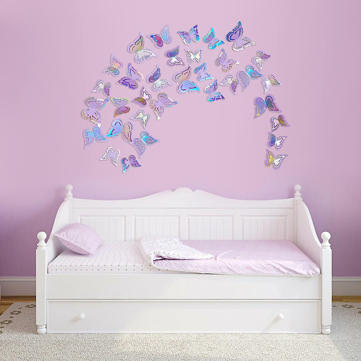 pinkblume Iridescent Purple Butterfly Decorations Stickers Lavender 3D Butterfies Wall Art Removable Wall Decals for Mermaid Pastel Home Living Room Baby Bedroom Showcase Nursery Decor (27PCS)
