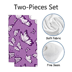Hand Bath Towels 2 Pack Violet Butterflies Absorbent Face Fingertip Towels for Bathroom Kitchen Gym Spa Soft Hair Drying Cloth Quick Dry, 30 x 15 Inch