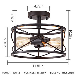 Black Semi Flush Ceiling Light Fixture, 2-Light Farmhouse Flush Mount Light Fixtures, Modern Industrial Metal Cage Pendant Lighting for Hallway, Bedroom, Kitchen, Foyer, Living Room, Dining Room