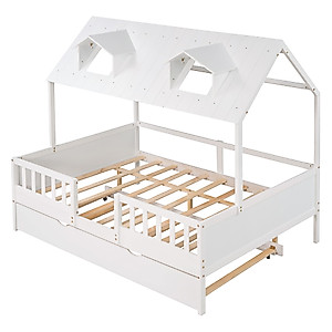 Harper & Bright Designs Full Size House Bed with Trundle, Full Size Bed Frame for Kids,Wooden Cabin Full Playhouse Bed for Girls, Boys,No Box Spring Needed,White