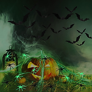 4 Pcs Halloween Glow in The Dark Spider Web Halloween Decorations with 100 Pieces Fake Spiders and 24 Pieces Bat Decor for Halloween Eve DIY Window Home Wall Indoor Outdoor