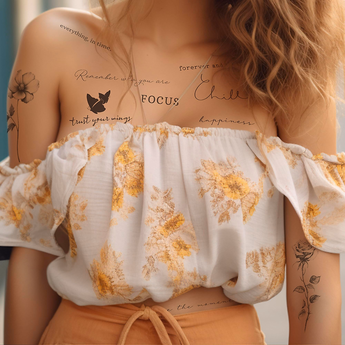 Esland Realistic Temporary Tattoos - 60 Sheets Small Fake Tattoos, 30 Pcs Meaningful Scripts Words Tattoos, 30 Pcs Line Art Wild Flower Nature Tattoo Stickers for Women and Men
