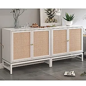 AWQM 2pcs Rattan Sideboard Buffet Cabinet with Storage,Kithchen Accent Storage Cabinet with Doors Console Table with Adjustable Shelves,Wood Console Cabinet for Dining Room,Living Room,White