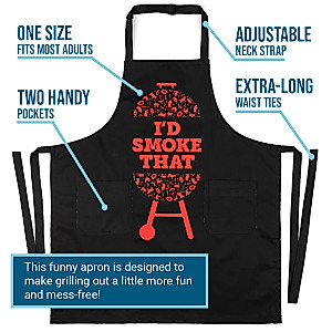 Lavley Funny Cooking Aprons Grilling Gift For Men & Women With Pockets, Extra Long Waist Ties & Adjustable Neck Strap (I'd Smoke That)