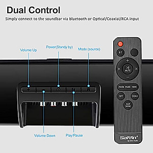 Saiyin Sound Bars for TV, Wired and Wireless Bluetooth 5.0 TV Stereo Speakers Soundbar 32’’ Home Theater Surround Sound System Optical/Coaxial/RCA Connection, Wall Mountable