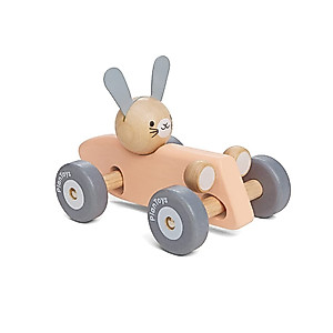 PlanToys Wooden Bunny Rabbit Racing Car with Vintage Car Theme (5717) | Pastel Color Collection |Sustainably Made from Rubberwood and Non-Toxic Paints and Dyes