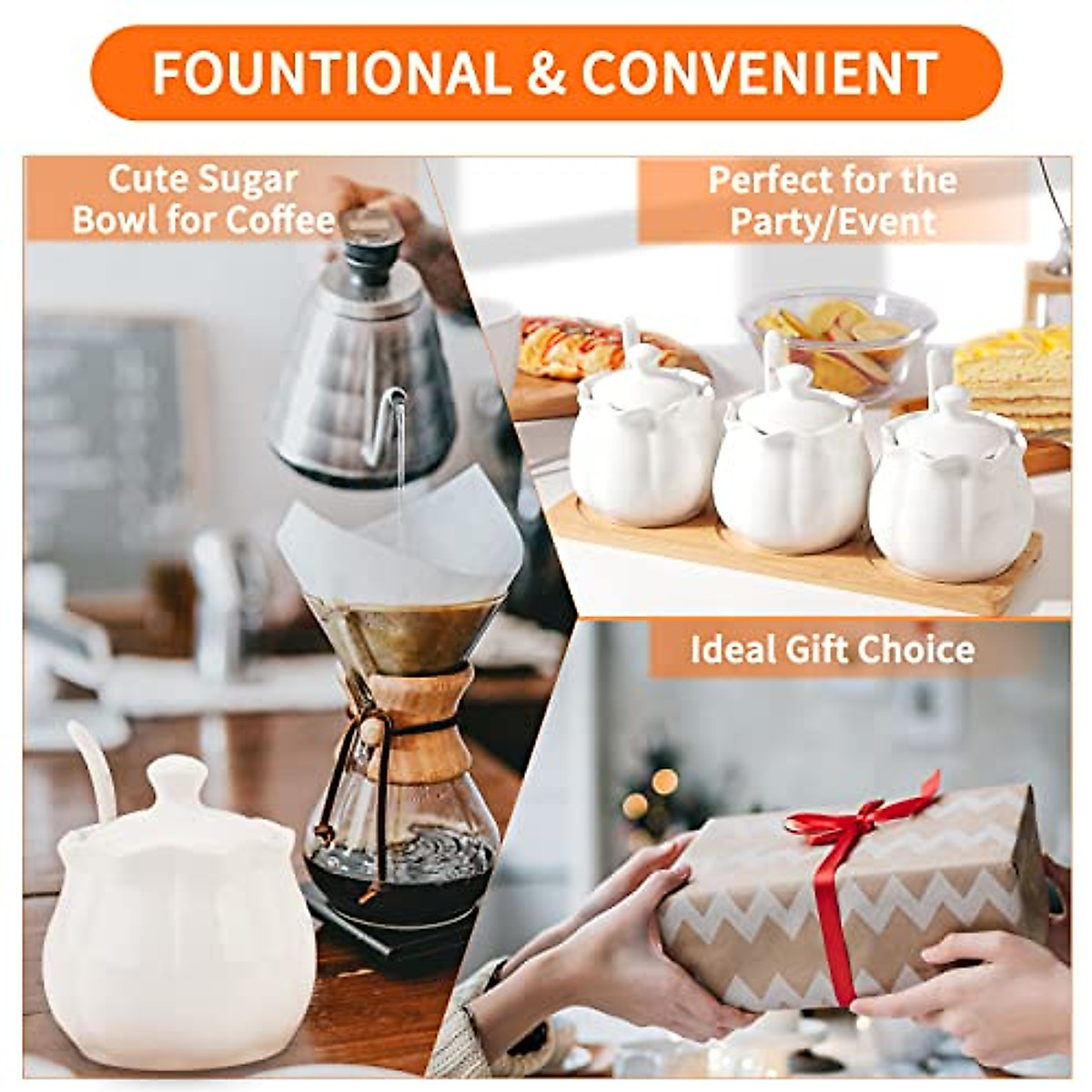 Sugar Bowls Set, Kitchenexus Condiment Jars Pots Set with Lids and Spoons Ceramic Salt Pepper Box Container, Canister Seasoning Box with Bamboo Tray 8.8 ounce/260 ml White