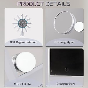 MISAVANITY Hollywood Vanity Mirror with Wireless Charging and Speaker 9.84" x11.81" Lighted Makeup Vanity Mirror with 9 Bulbs 360 Rotation 10X Magnification 3 Color Lighting Modes Mirror, White