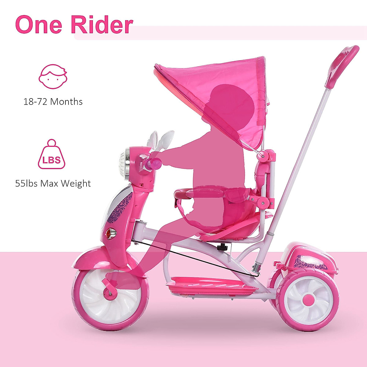 Qaba Children Ride-On Moped Tricycle with a Stylish Design & Interactive Music & Lighting Functions Pink