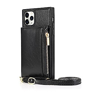 XINTIN iPhone 13 Pro Max Crossbody Case with Card Holder, Shockproof Protective iPhone case with Magnetic Flip Folio Wallet, PU Leather Zipper Coin Purse with Adjustable Lanyard Strap (Black)