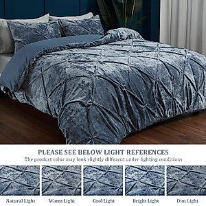 CAROMIO Velvet Duvet Cover Queen Size - Luxury Pinch Pleated Duvet Cover Bedding Set Soft Pintuck Velvet Comforter Cover Set with Corner Ties and Button Closure, Blue, 90"x90"