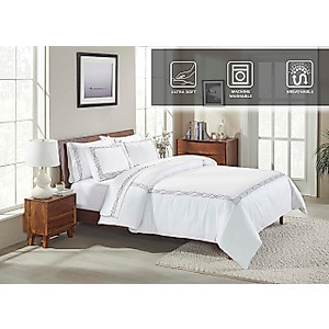 BNM Egyptian Cotton Duvet Cover Set, 1200 Thread Count, Hidden Button Closure, Soft Bedding Basics, 1 Duvet Cover, 2 Pillow Shams, Solid, Geometric Scroll Embroidery, Full/Queen, White-White