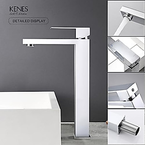 KENES Chrome Bowl Vessel Sink Facuet Single Handle Tall Bathroom Sink Faucet Bathroom Vanity Faucet Basin Mixer Tap with Water Supply Lines and Pop Up Sink Drain, LJ-9031A-5