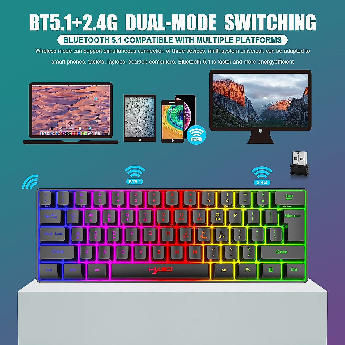 LexonElec Wireless Gaming Keyboard,61 Keys Ergonomic Waterproof Quiet Mechanical Feeling Keyboard,Bluetooth 5.0 & 2.4G Wireless Dual Modes RGB Backlit Keyboard for PC/Tablet/Mobile Phone Gamer(Black)