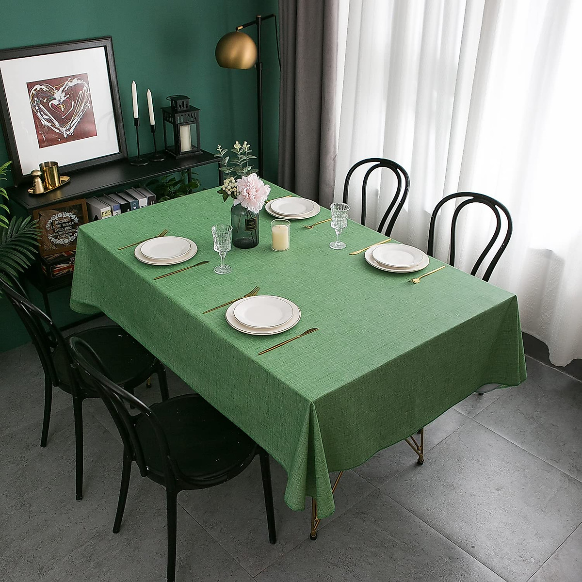 Pioggia Vinyl Tablecloth with Flannel Backing Rectangle Waterproof Oil-Proof Plastic Table Cloth Wipeable PVC Table Cover for Indoor and Outdoor (Dark Green, 60 x 84 Inch)