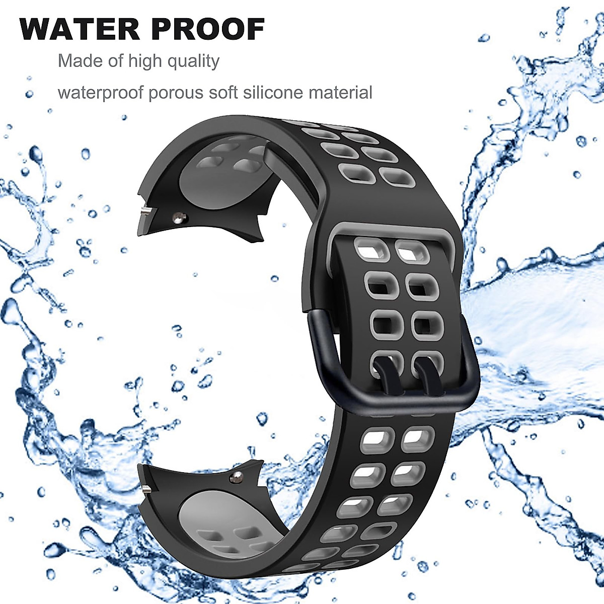 Threeeggs No Gap Band for Samsung Galaxy Watch 7 6 5 4, 20mm Quick Release Replacement Bands for 5 Pro Band 45mm/ 4 Classic 46mm 42mm Soft Sports Strap Wristband for Women Men (Black-Gray)