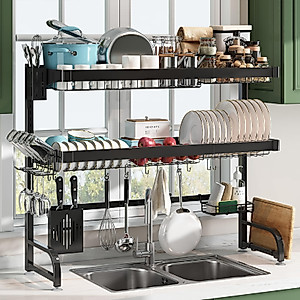 BOOSINY Over Sink Dish Drying Rack 3 Tier Full 304 Stainless Steel Above Sink Dish Drainer for Kitchen Shelf, Expandable Over The Shelf Storage Organization (Black - 25.5"-35.5")