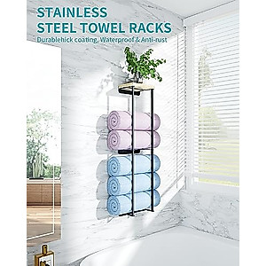 Towel Racks for Bathroom, 2 Tier Wall Towel Holder with Wood Shelf, Metal Wall Towel Rack Mounted Towel Storage for Small Bathroom （Black