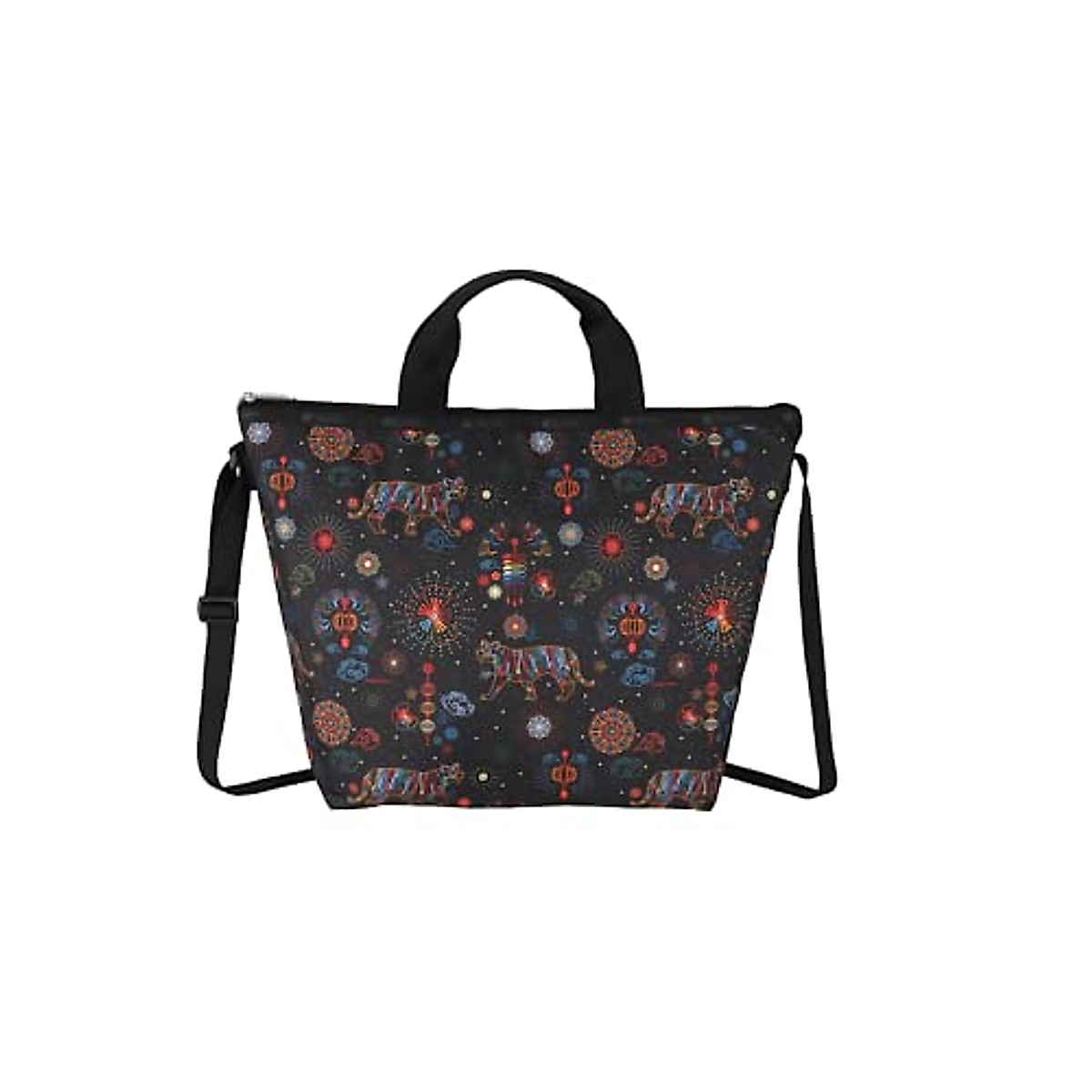 LeSportsac Bright Fortune Deluxe Easy Carry Tote Crossbody + Top Handle Handbag, Style 4360/Color E476, Festive Graphics Artfully Arranged Celebrate Year of the Tiger, Evoking Optimism & Strength