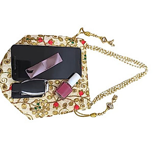 CRAFT BAZAAR Women Indian Potli Bag, Drawstring Bucket Bag With Pearls Wristlet For Weddings, Parties, Brides