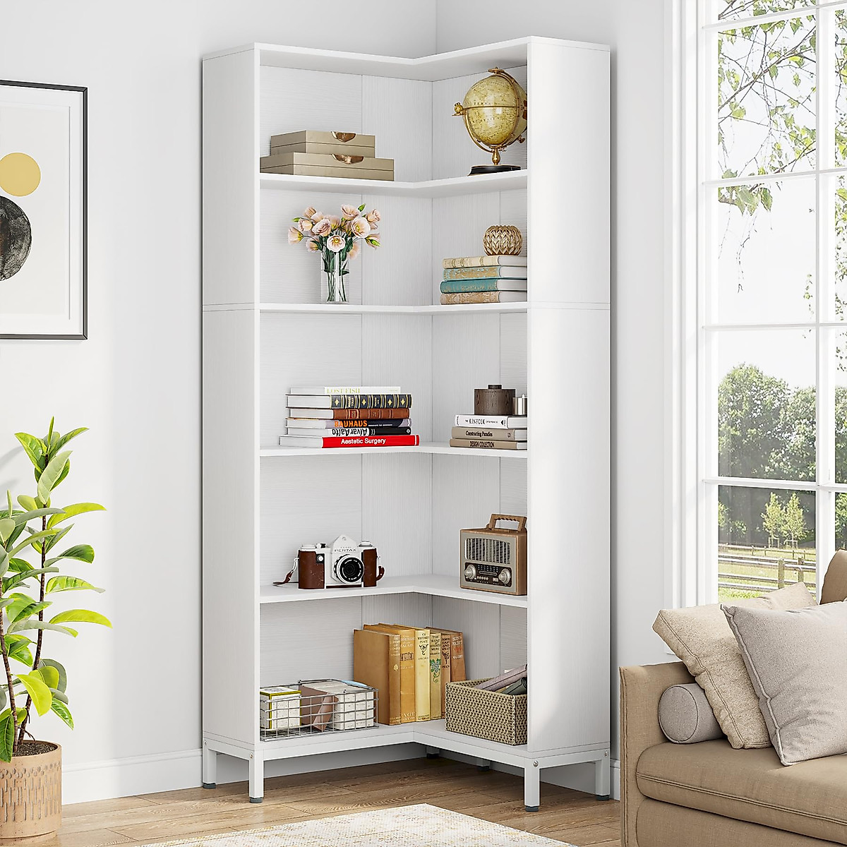 LITTLE TREE 70.8-in Tall Bookcase, 6-Tier White L-Shaped Bookshelf, Modern Corner Bookcase Bookshelf, Freestanding Display Storage Rack with Back Panel for Living Room, Bedroom