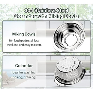 304 Stainless Steel Colander With Handle, 2-Quart Micro-Perforated Strainer Colander Set with Mixing Bowl, BPA Free, Great for Draining Cooked Pasta, Noodles,Washing Vegetables, Fruits(2PC)