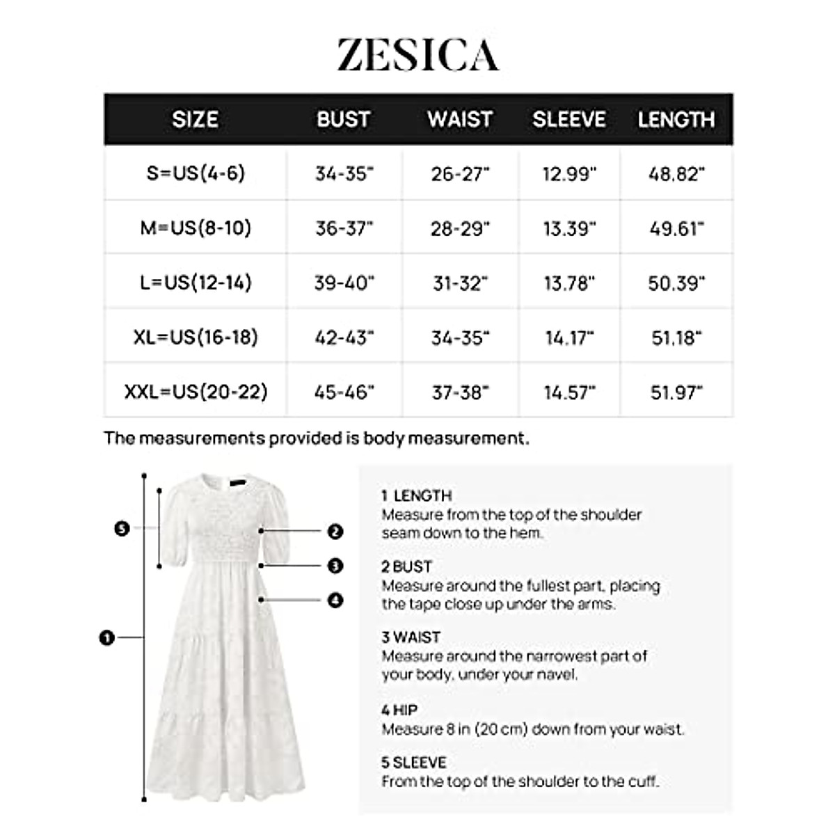 ZESICA Women's 2023 Summer Short Puff Sleeve Crewneck Smocked Floral Lace Flowy A Line Tiered Midi Dresses,White,Medium