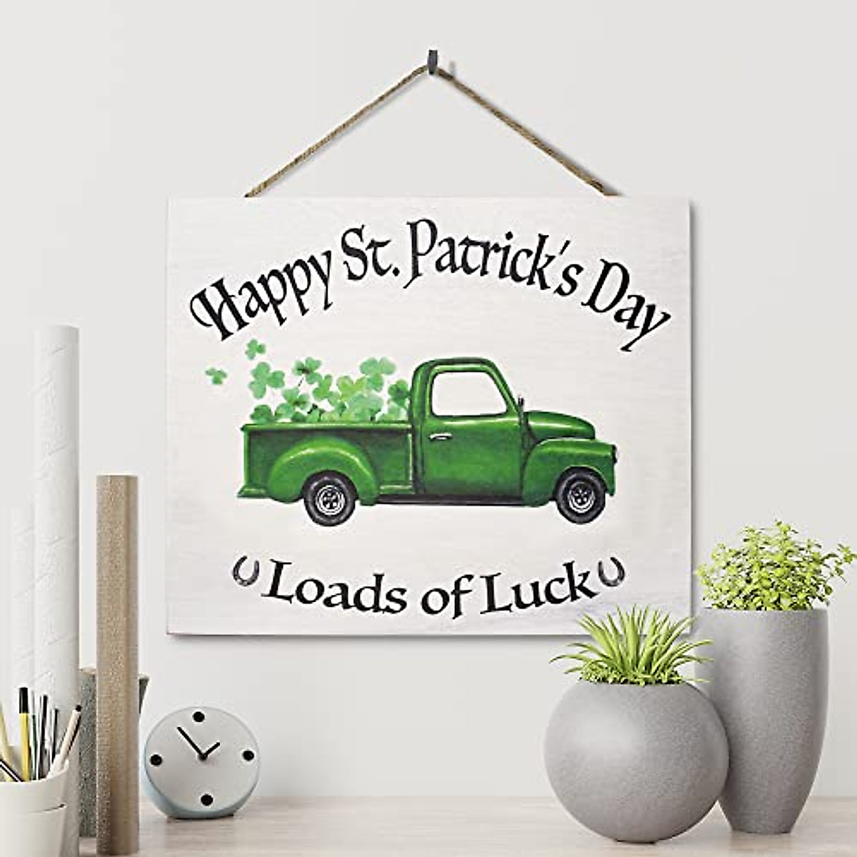 JennyGems St Patricks Day Decorations Front Door Decor, Shamrocks Truck Farmhouse St Patricks Day Decor, Happy St Patrick's Day 10x12 Hanging Wooden Sign, Made in USA