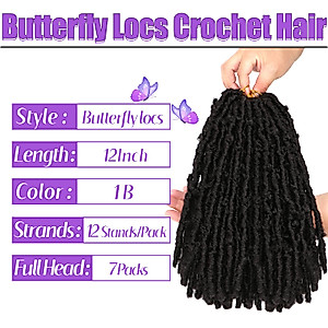 7 Packs Butterfly Faux Locs Crochet Hair 12 Inch Pre-looped Distressed Locs Soft Locs Crochet Hair For Black Women Crochet Braids Hair (12Inch 7Pack, 1B#)