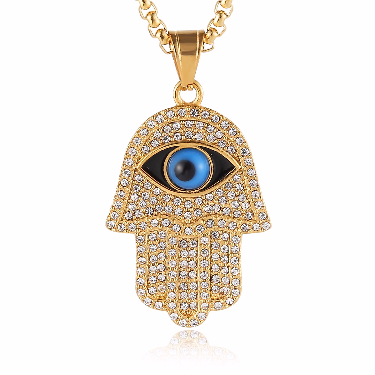 HZMAN 18k Gold Plated Iced Out CZ Stainless Steel Blue Evil Eye Beads Fatima Hamsa Hand Pendant Necklace (Gold)